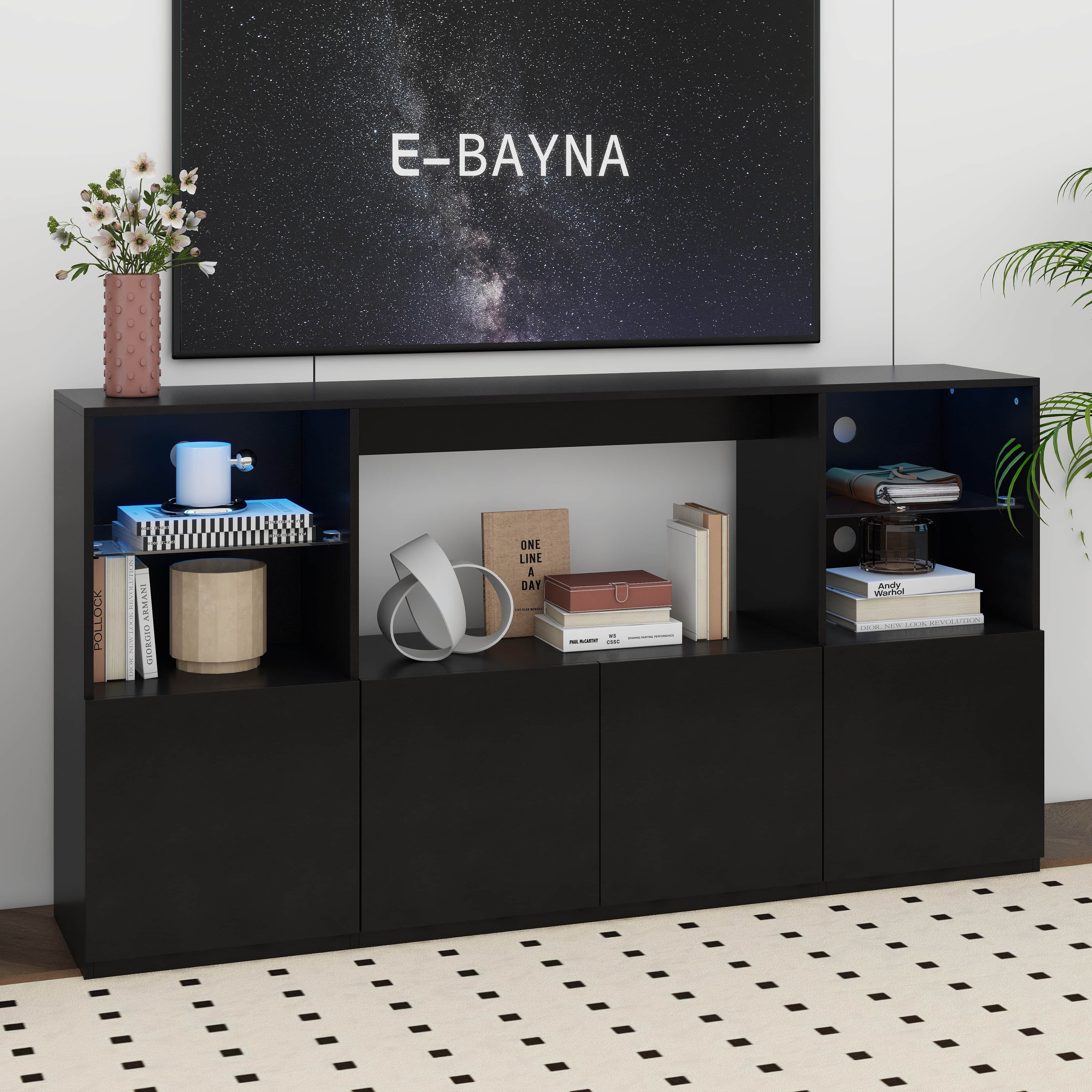 Ivy Bronx 67" High Gloss TV Stand With LED Lights, Sideboard W/Large Storage Cabinet, Media ...